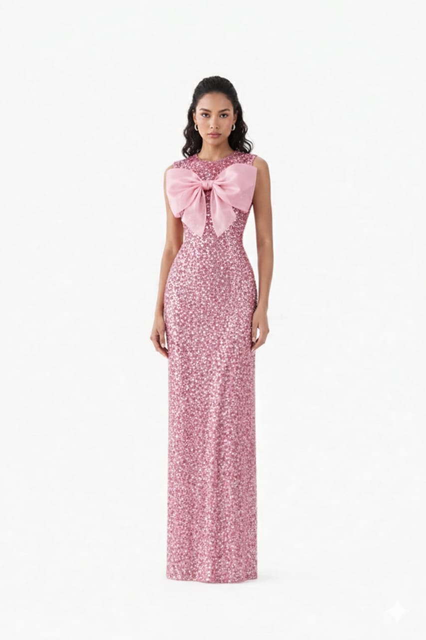 Pink Sequin Bow Detail Evening Gown For Women Tinkly Fashion